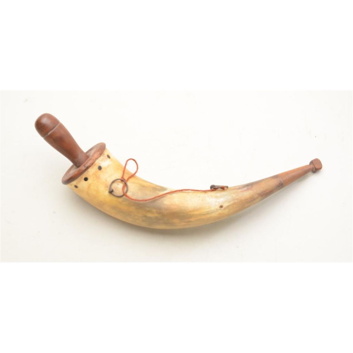 Large powder horn approx. 17” overall with carved wood plug and wood ...