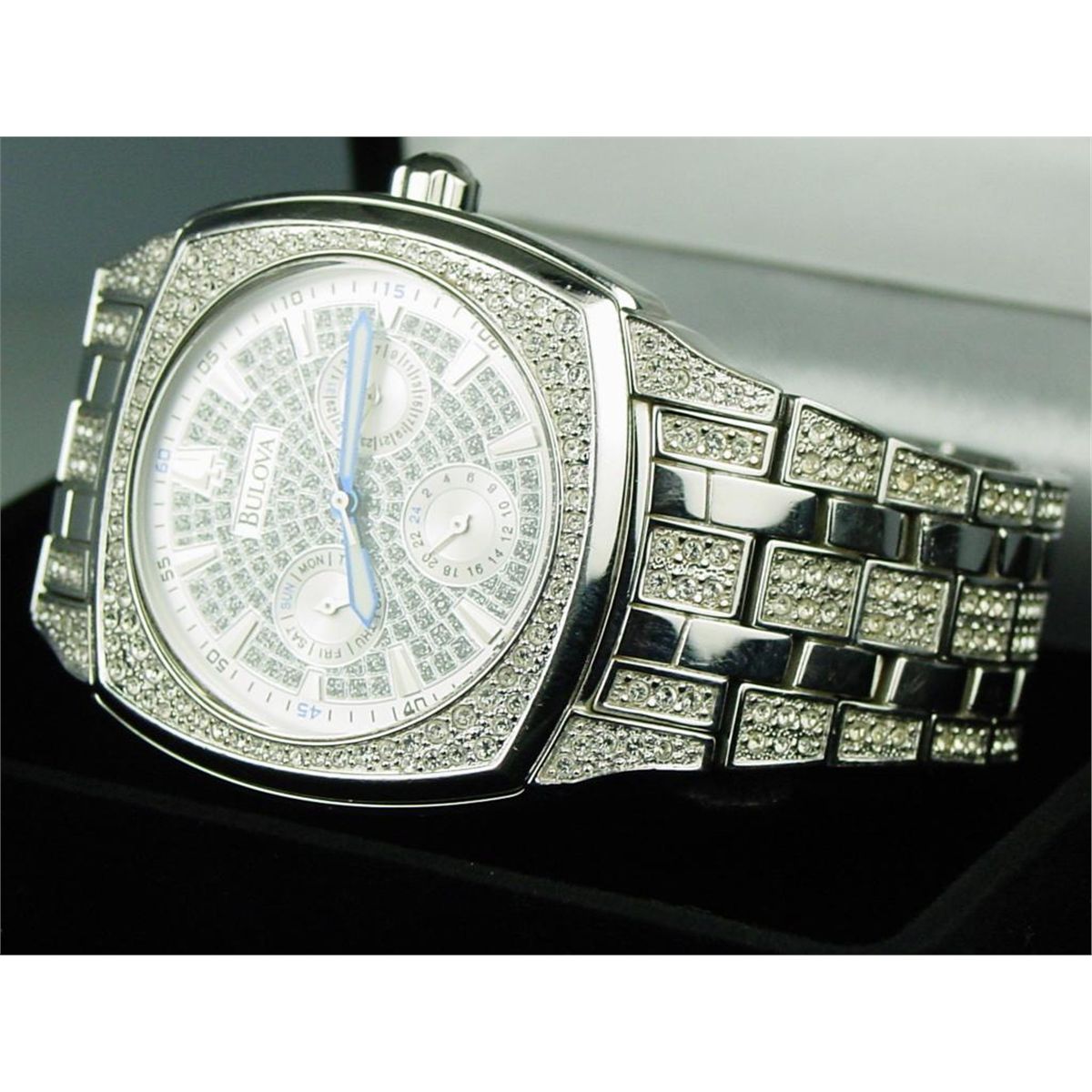 Very nice men’s Bulova Swarovski crystal day-date dress watch with blue ...