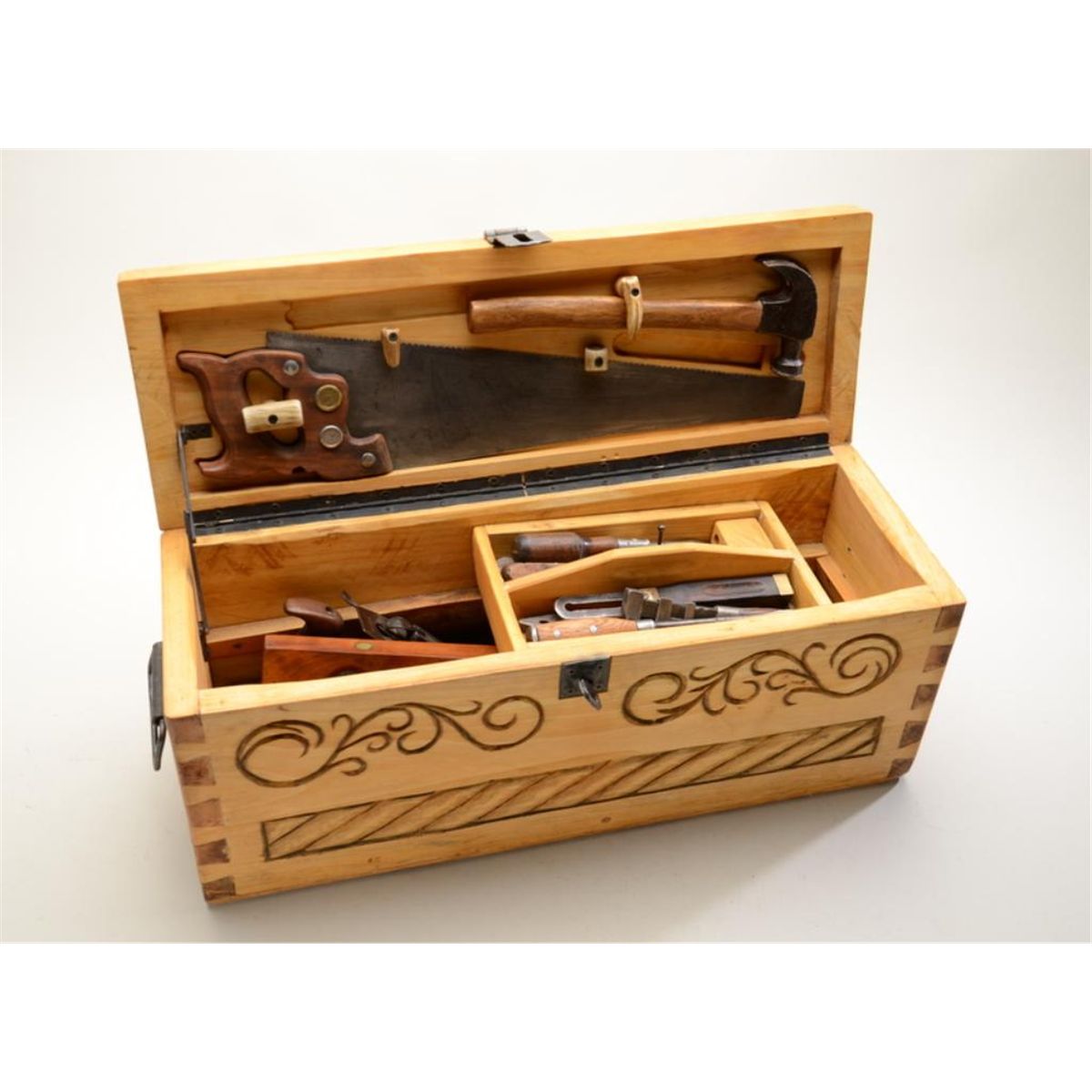 Carved wood chest full of old and antique master carpenters' tools from ...