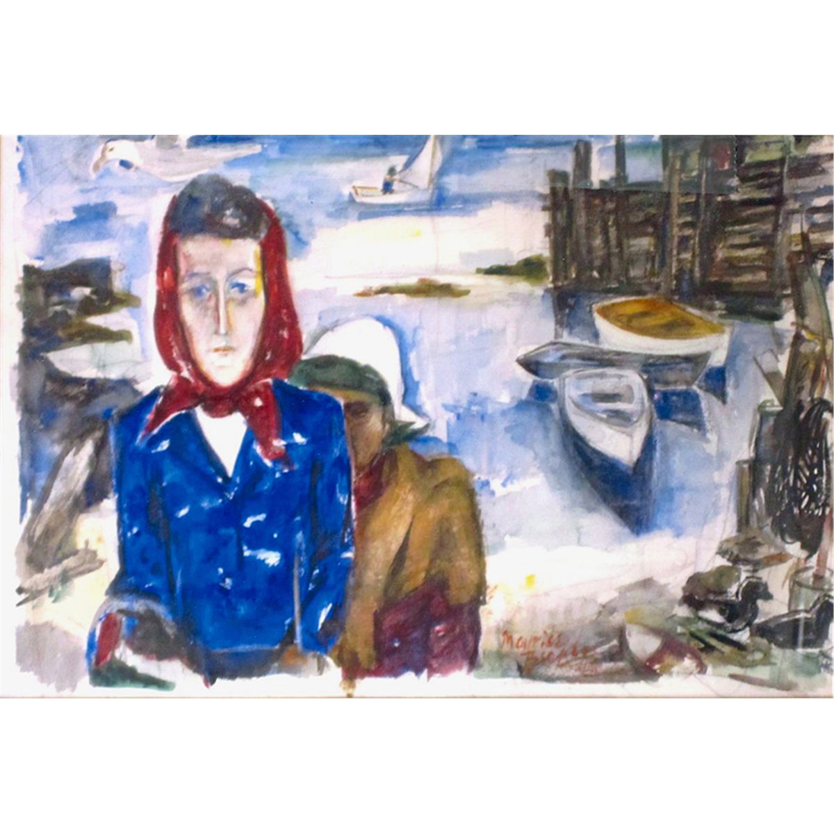 Maurice Becker, Two Women at Harbor, Watercolor