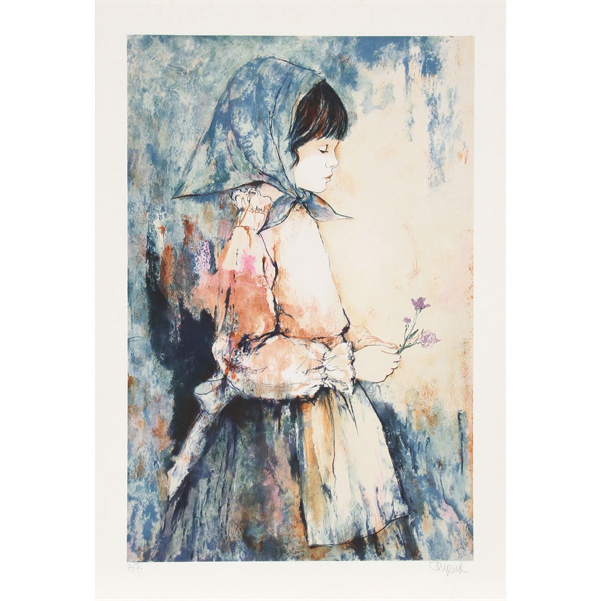 Richard Shepard, Girl Holding Flowers, Lithograph