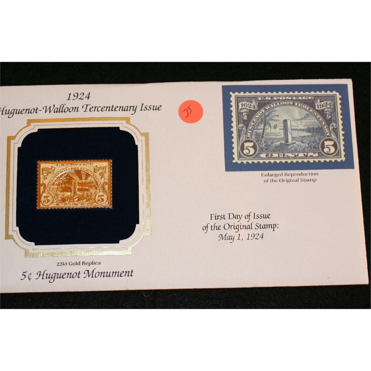 1924 First Day Issue 22K Gold Replica stamp w/stamps, Five Cent ...