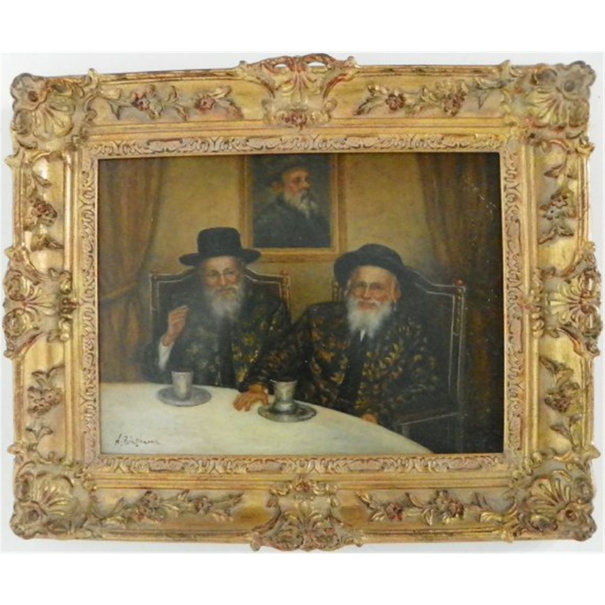 Oil painting "Two Rabbis Seated" artist signed