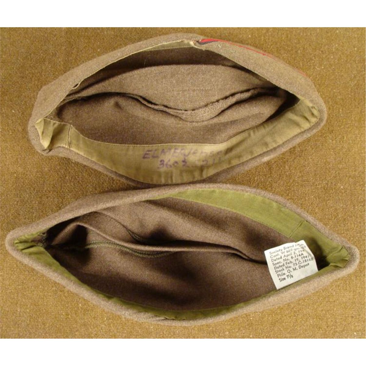 TWO WWII U.S. ARMY SIDE CAPS 1941 DISTINCTIVE INSIGNIA