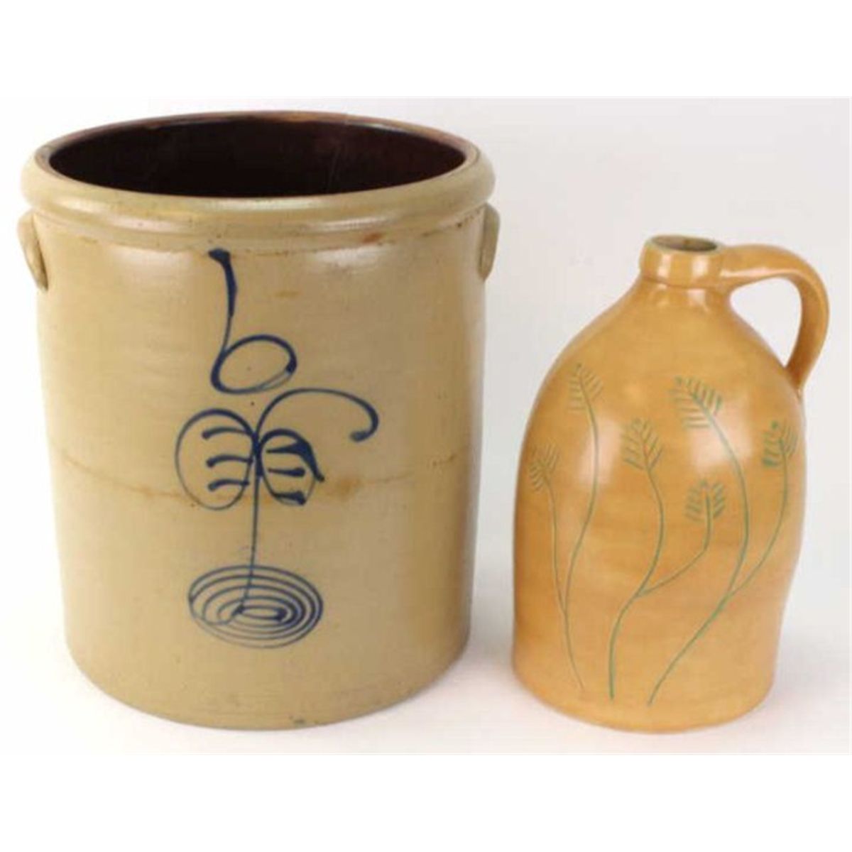 Collection of 2 crocks includes 6 gal. antique crock with repair and ...