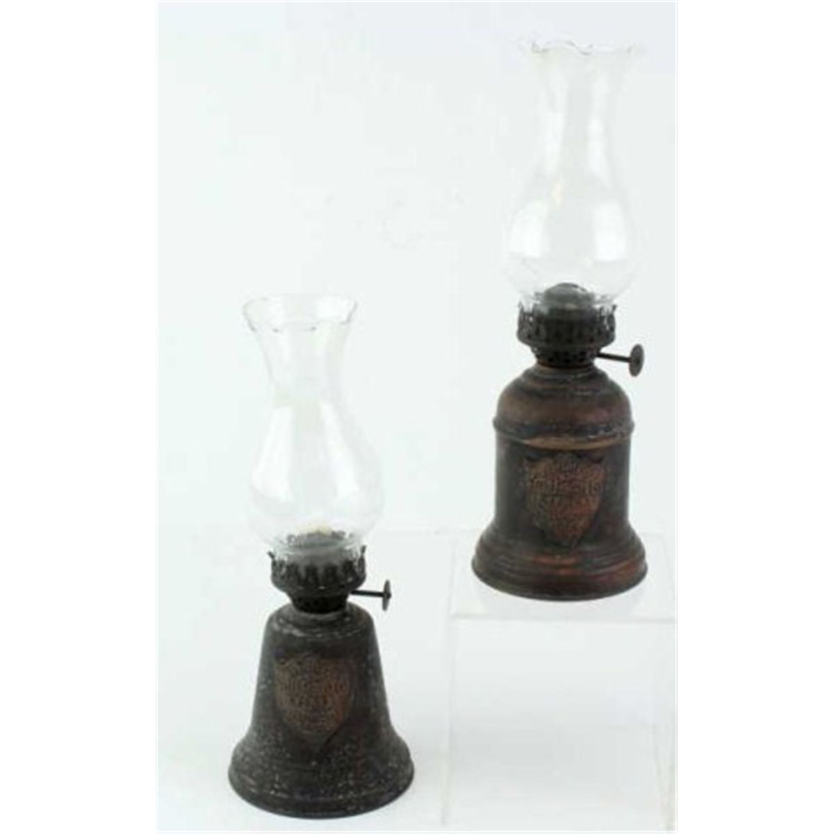 Collection of 2 reproduction Wells Fargo kerosene lamps, 10" tall.