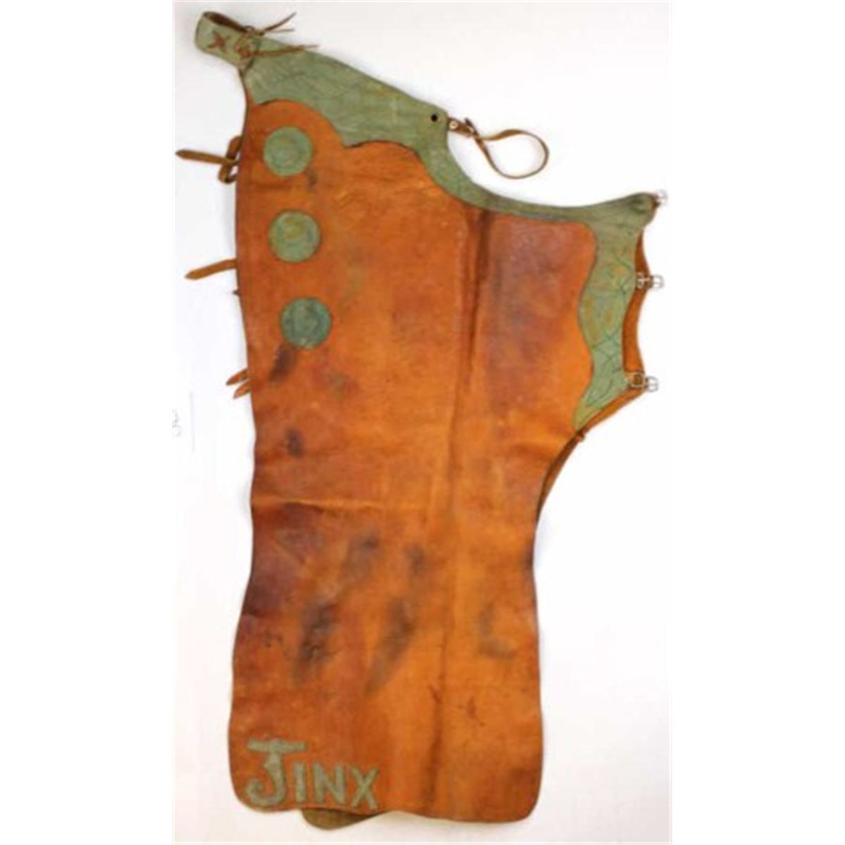 Pair bright showy batwing chaps unmarked with "Jinx" on lower legs ...