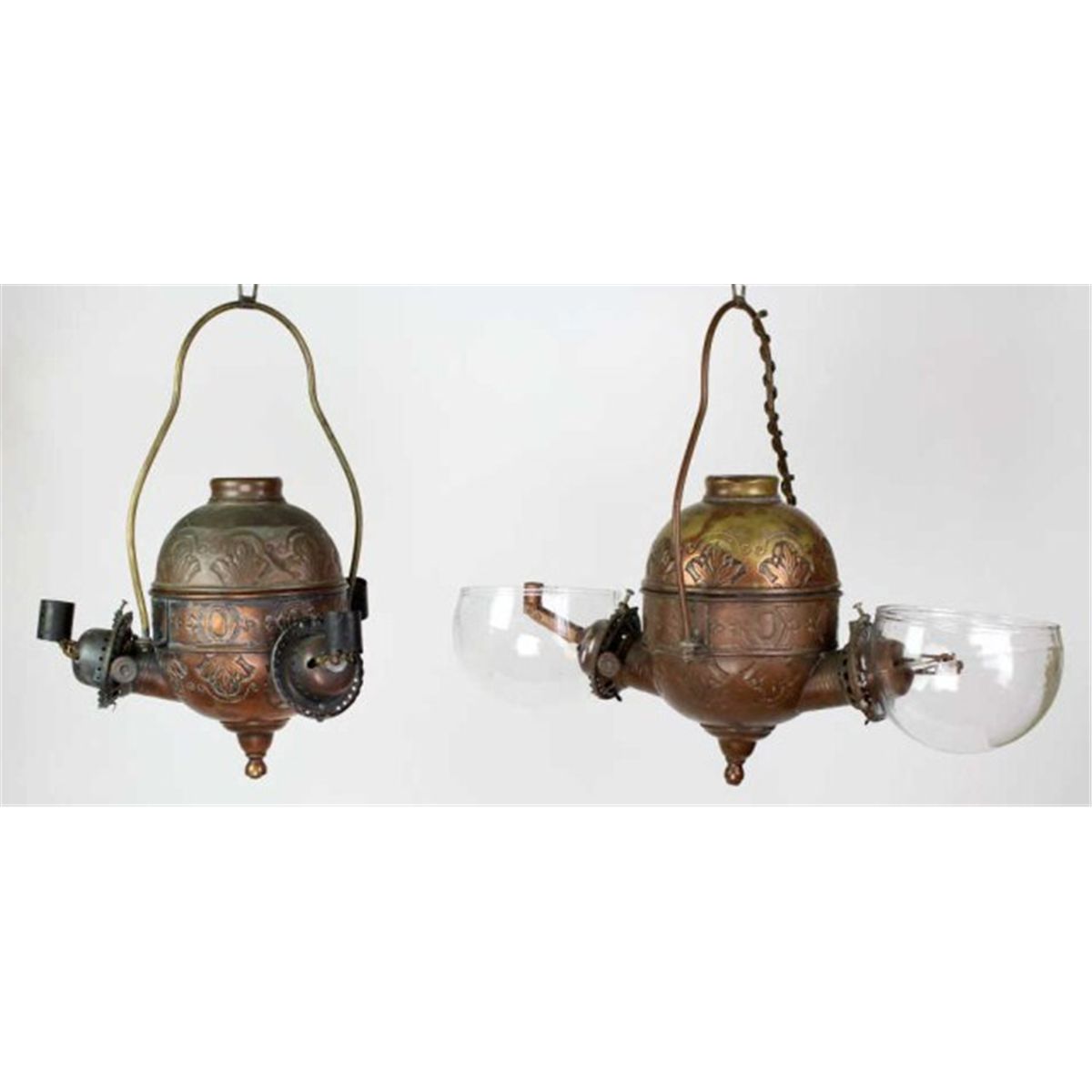 Collection of 2 antique angle lamps the first a 2 burner with clear ...