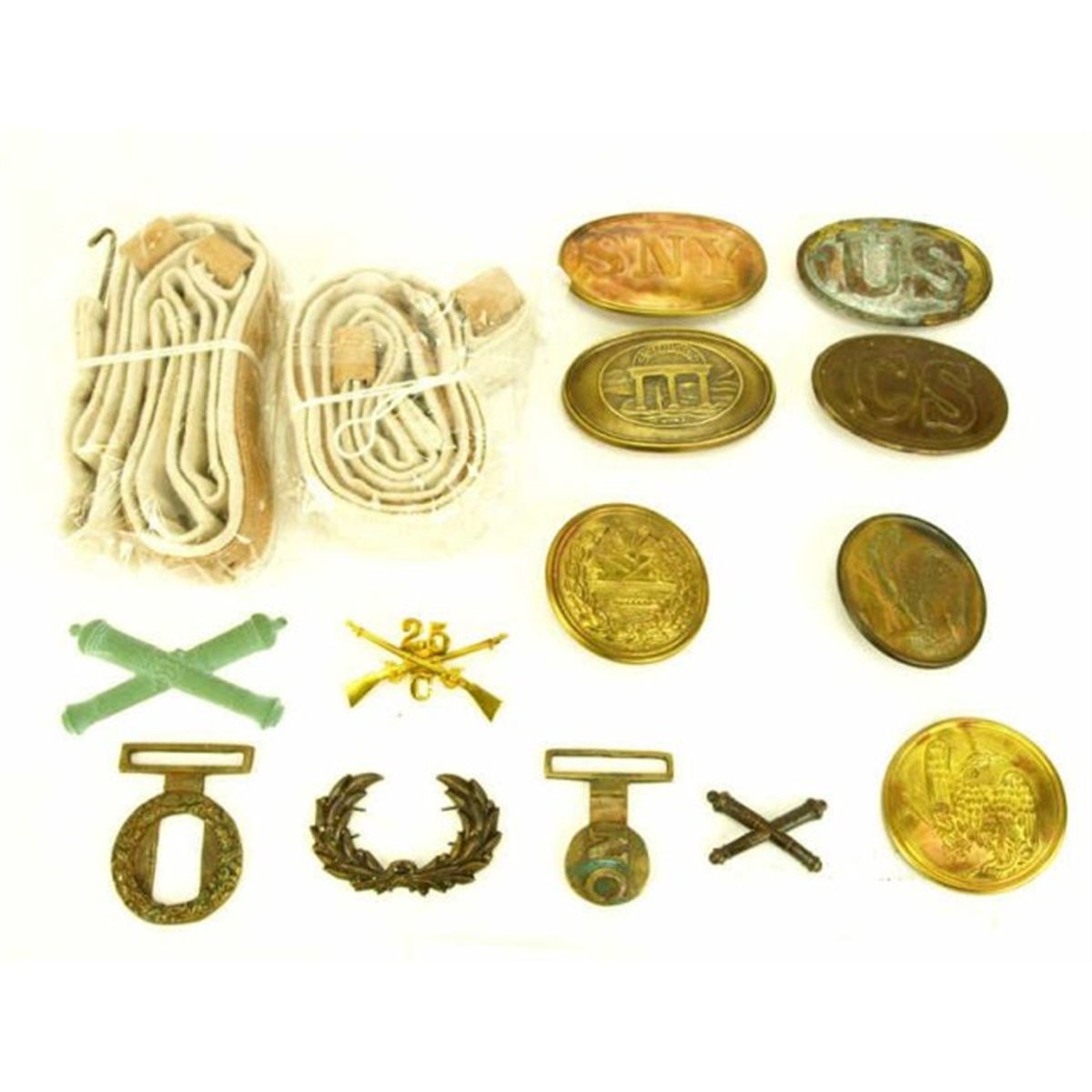 Collection of civil war reproductions includes 7 brass buckles, 4 misc ...