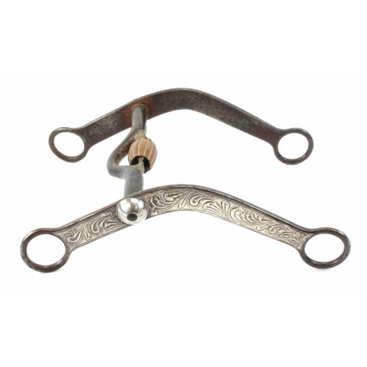 Good early silver overlay bit, unmarked, original copper cricket intact.