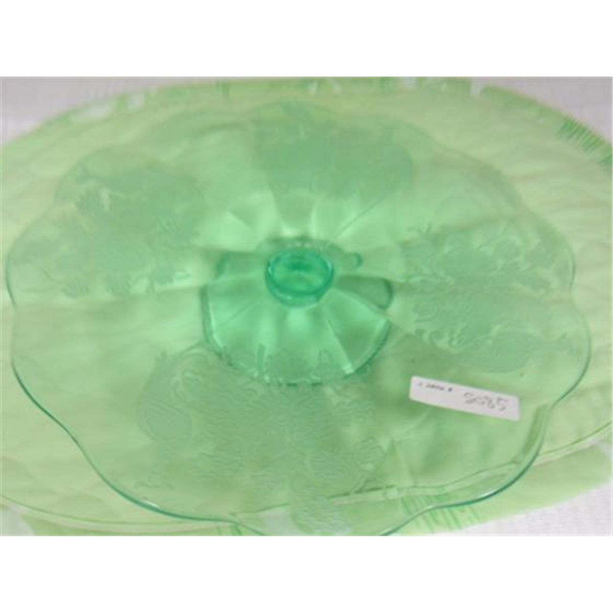 Green depression glass footed cake plate