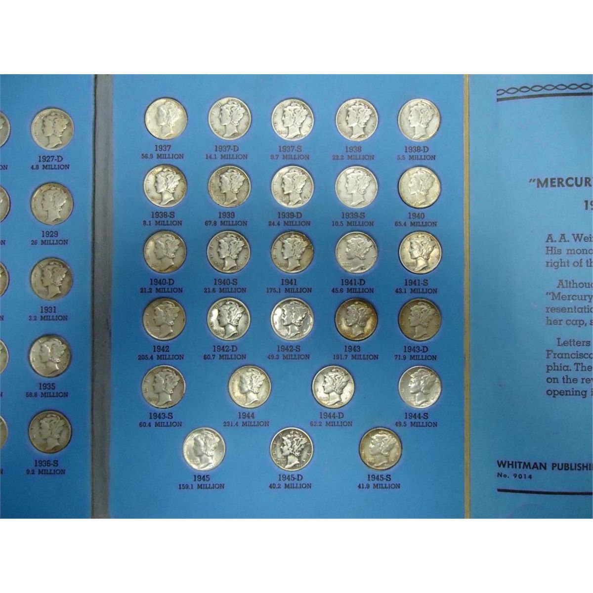 MOSTLY COMPLETE MERCURY DIME SET IN WHITMAN ALBUM
