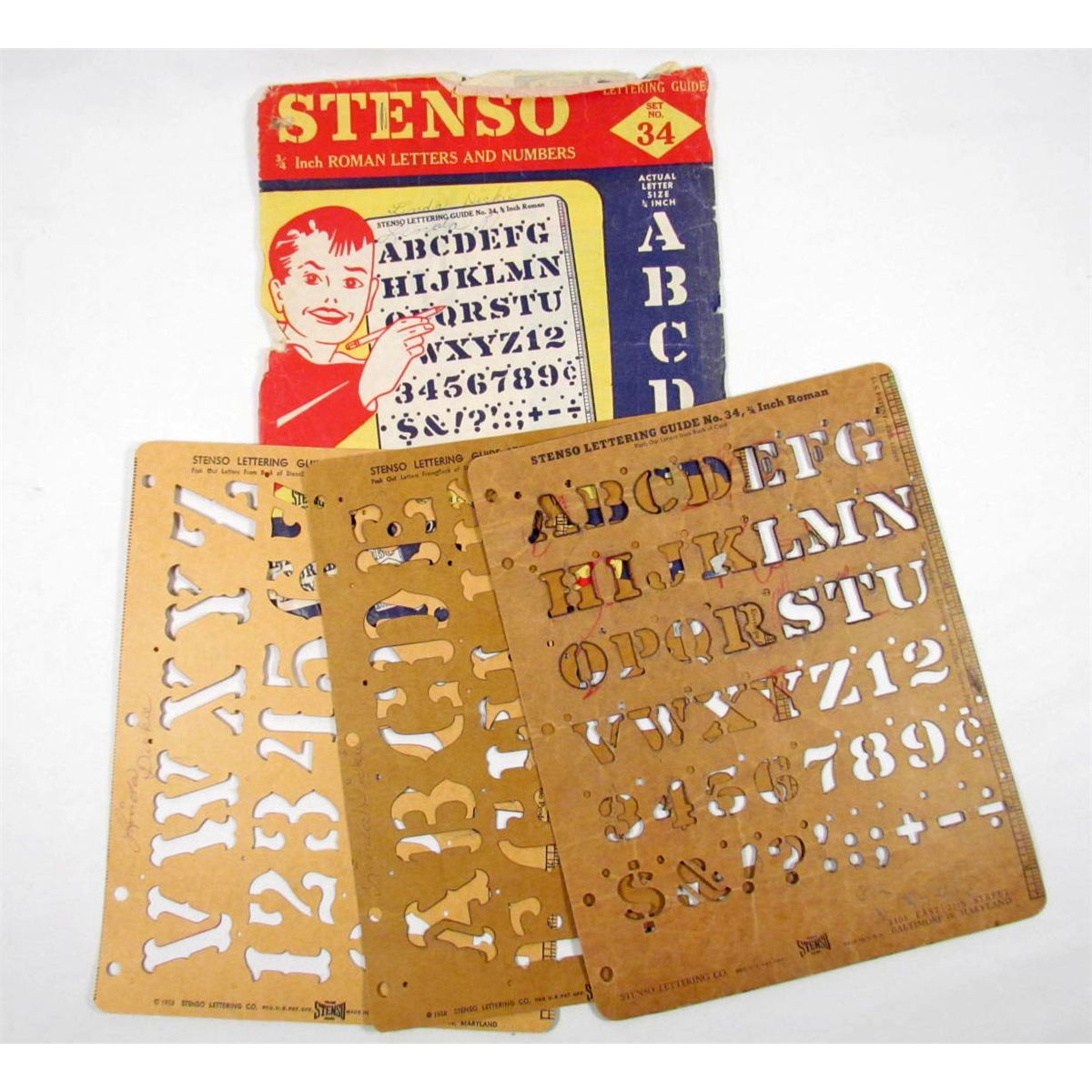 4074 - 1956 STENSO LETTERING SET, 3/4 INCH ROMAN LETTERS AND NUMBERS