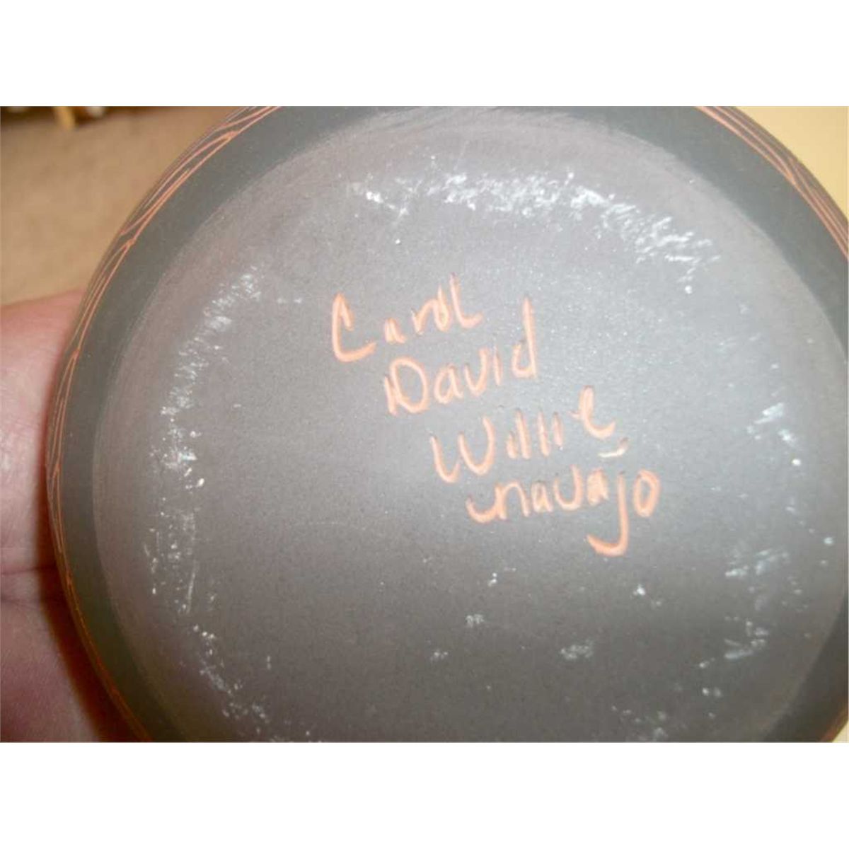 Native American pottery, etched Signed: Carol and David Willie. Navajo