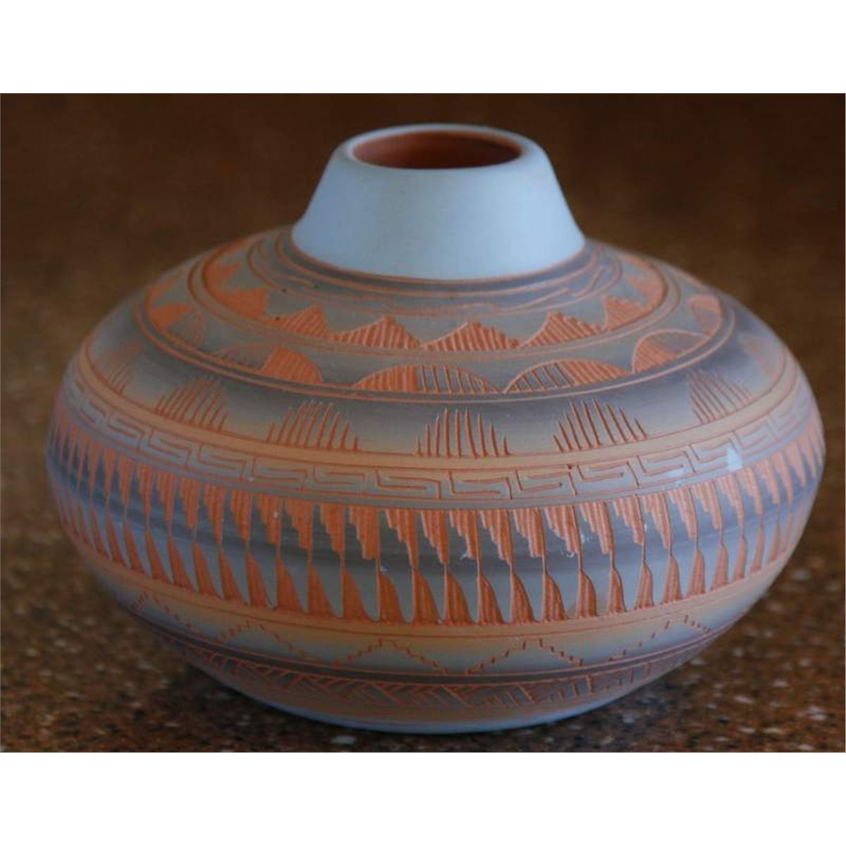 Native American Pottery, etched Signed: C. Johnson. Navajo '95