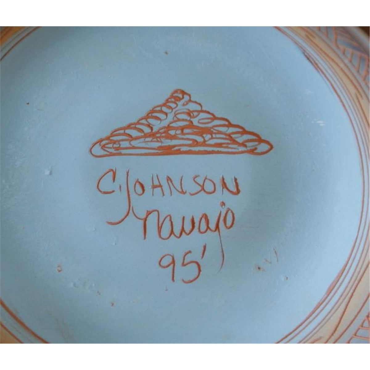Native American Pottery, etched Signed: C. Johnson. Navajo '95