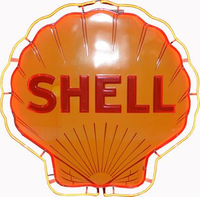 Large "SHELL" Die-Cut Embossed Porcelain Sign w/ Red Ne