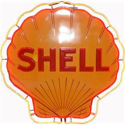 Large "SHELL" Die-Cut Embossed Porcelain Sign w/ Red Ne