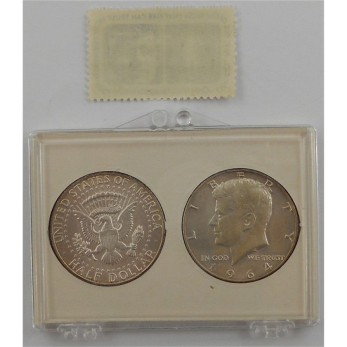 1964 Kennedy Half Dollars 1 P and 1 D and a Kennedy Stamp