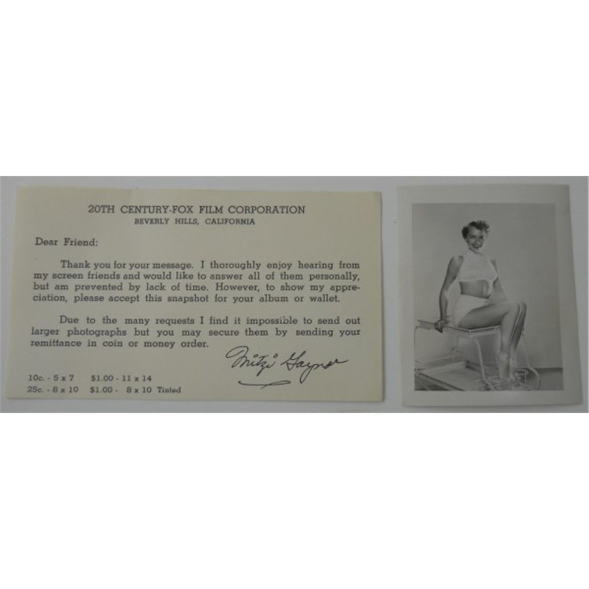20th Century Fox "Mitzi Gaynor" studio fan mail response