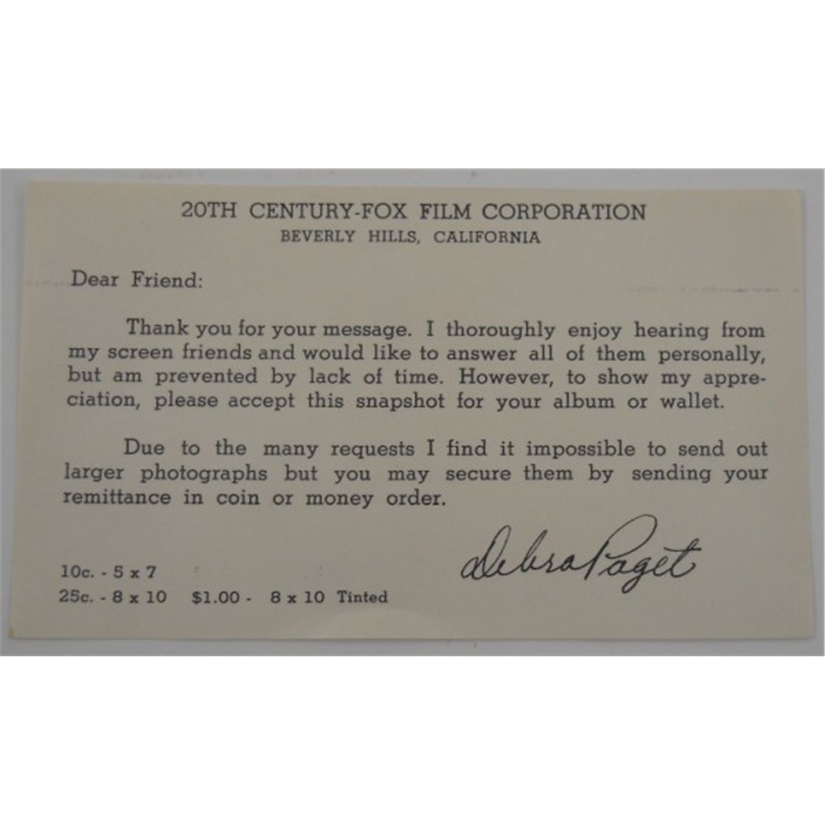 20th Century Fox "Mitzi Gaynor" studio fan mail response