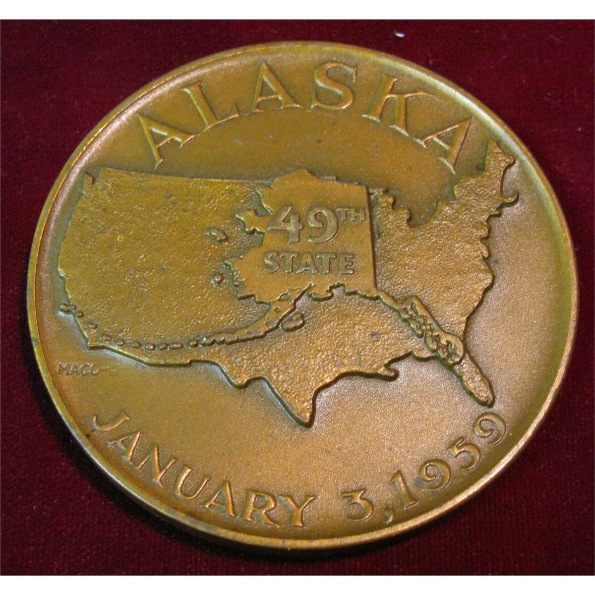 1364. 1959 Alaska 49th State High Relief Bronze Medal. 2 1/2" diameter.