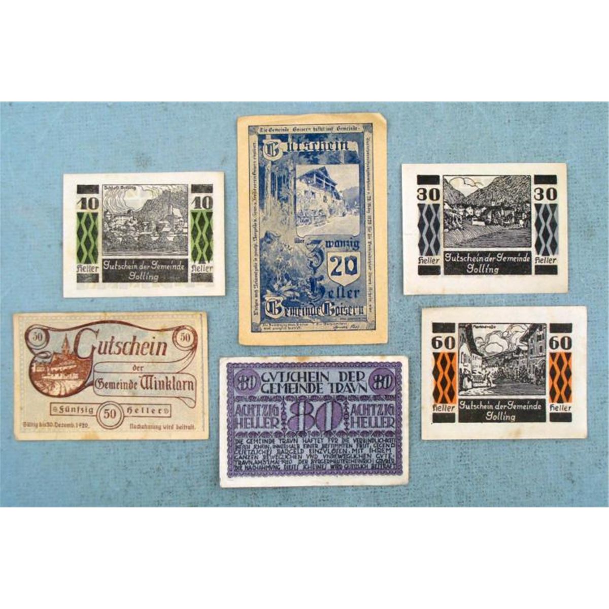 6 Pc Austria 1920 Heller Paper Money 10 20 30 50 60 80