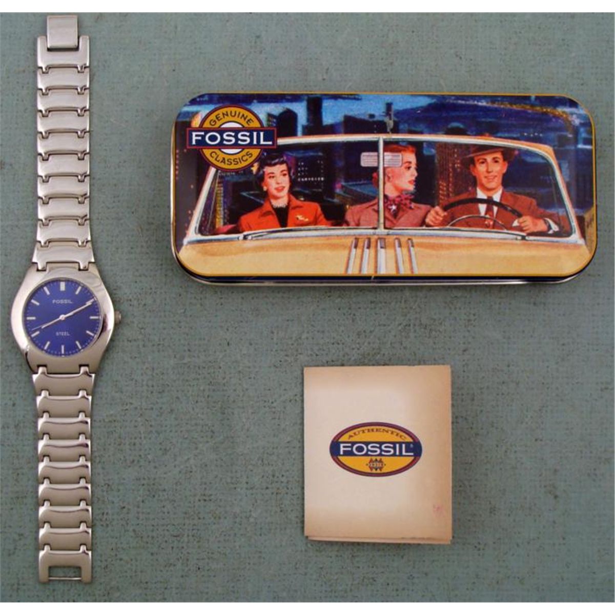 Fossil Mens Stainless Steel Watch Blue Dial Tin Box MIB