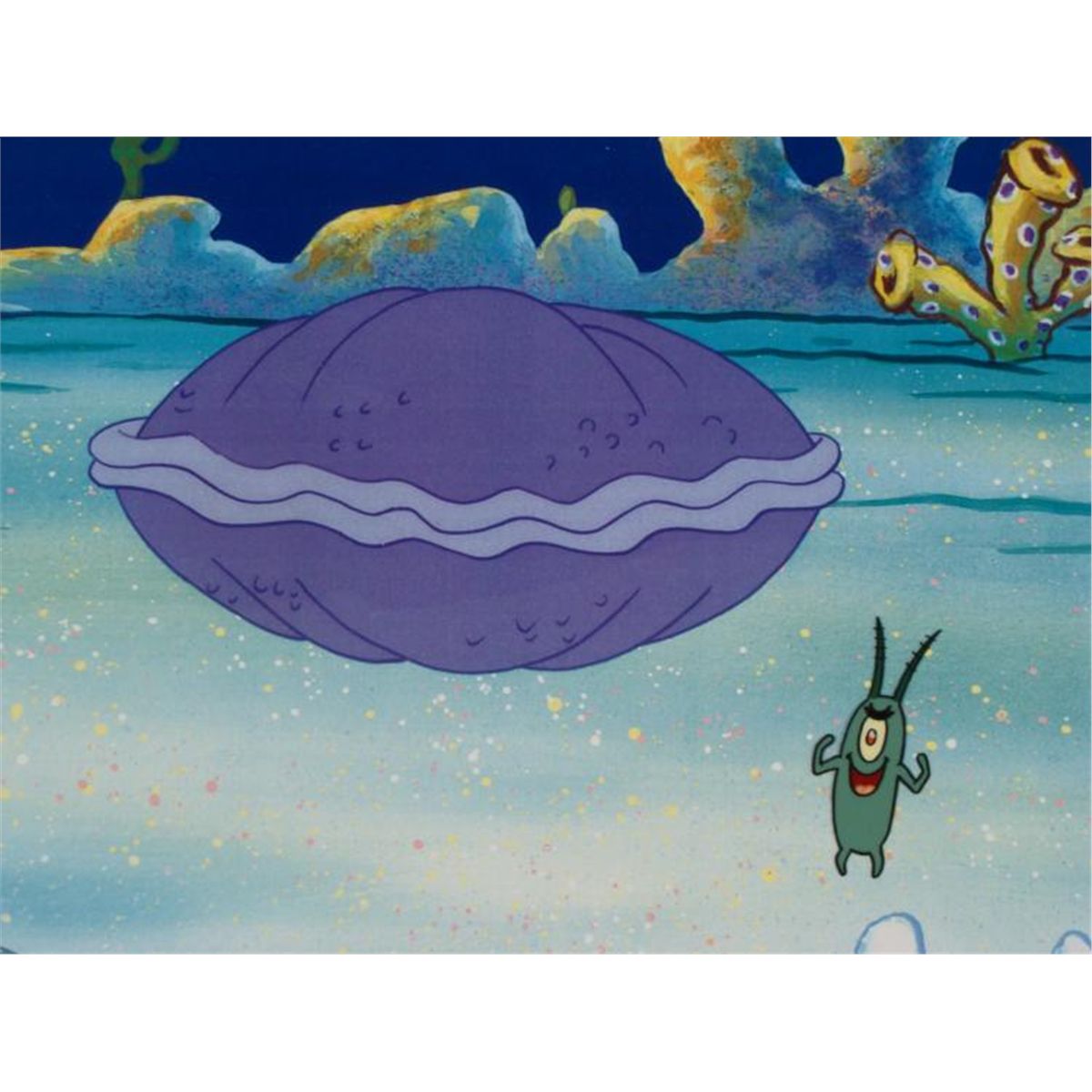 Orig SpongeBob Animation Cel, Backgrnd Plankton vs Clam