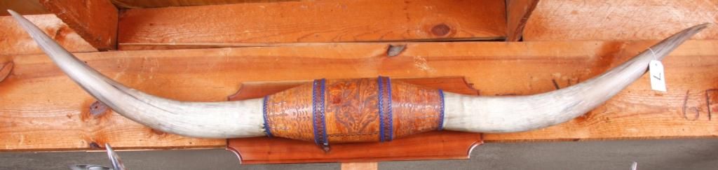 Large Bull Horns with Floral Tooled Leather Center
