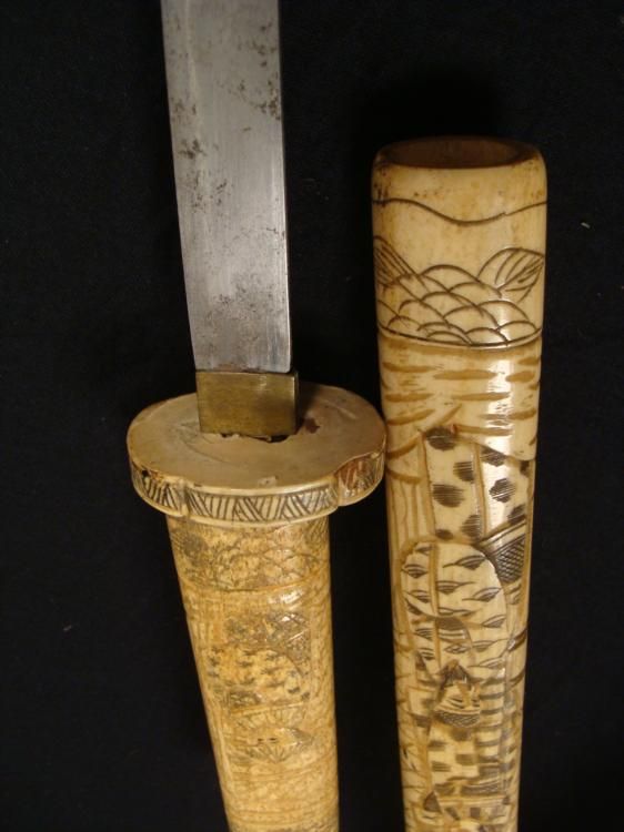 JAPANESE SAMURAI WAKIZASHI SWORD IVORY/BONE HAND ENGRVD