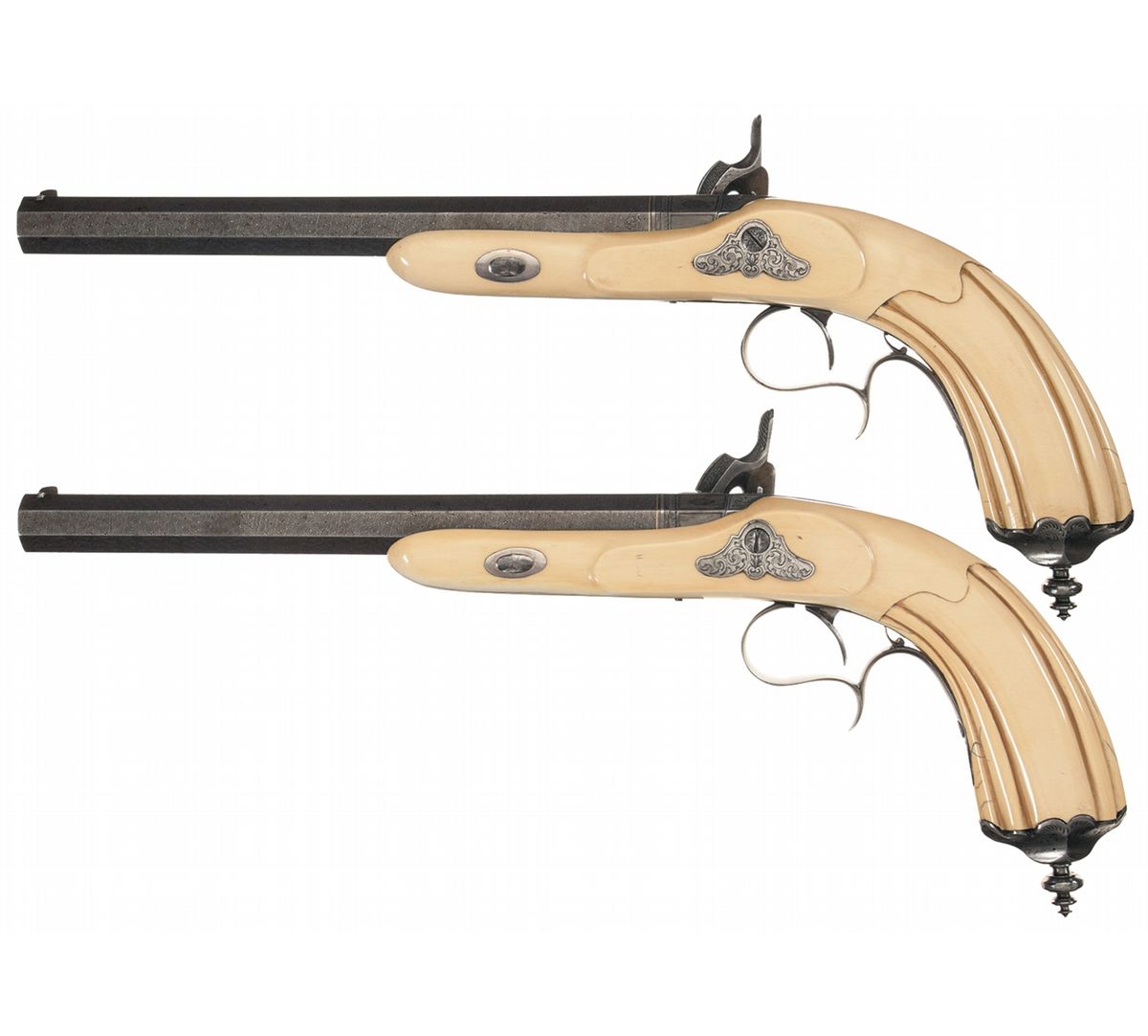 Magnificent Cased Pair of 19th Century, Ivory Stocked, Engraved, Gold ...