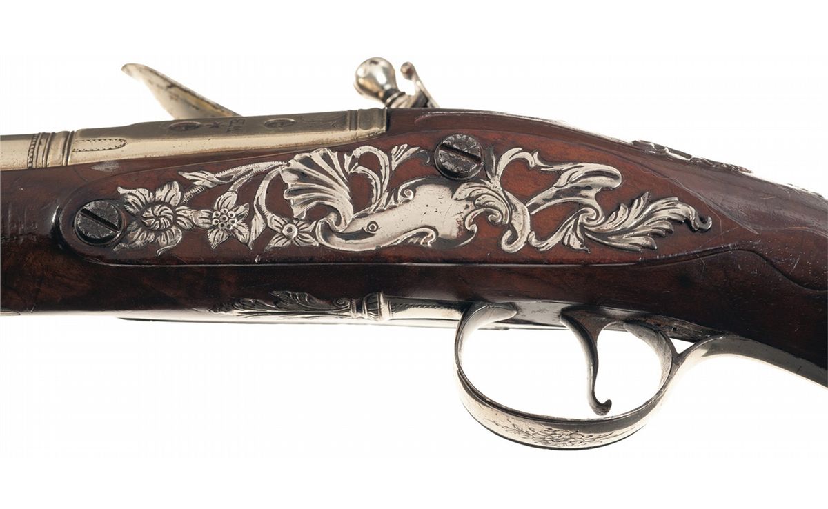 Attractive Brander Marked Silver Mounted Flintlock Pistol with Brass Barrel