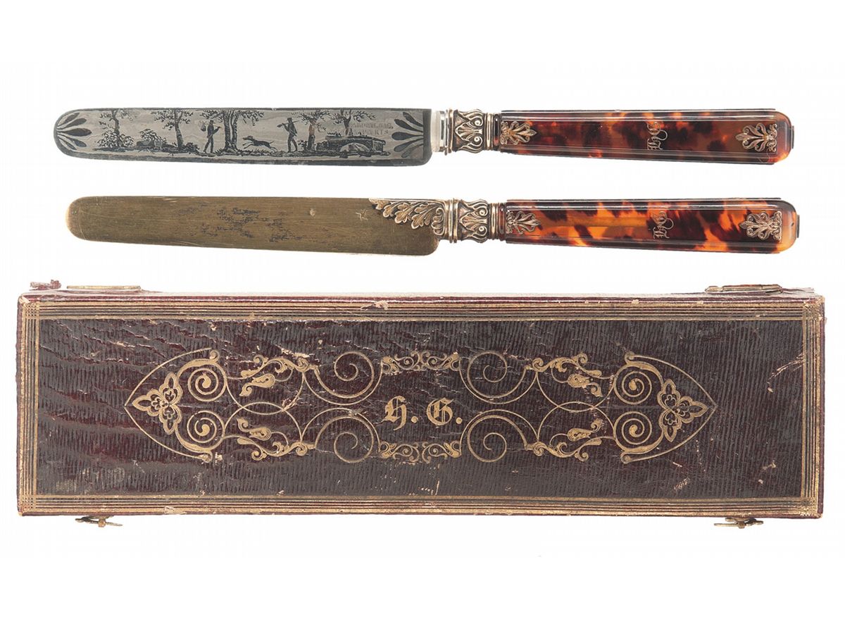 Cased Pair of French Gold Inlaid Monogrammed Knives with Tortoise Shell ...