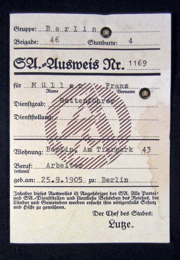 GERMAN NAZI ID DOCUMENT W/ PHOTO OF THE SA MAN - AUSWEIS