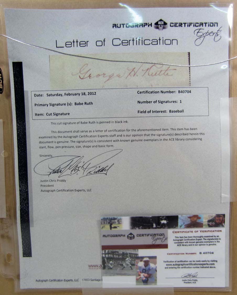 BABE RUTH "GEORGE H. RUTH" CUT SIGNATURE W/ PICTURE - FRAMED W/ COA