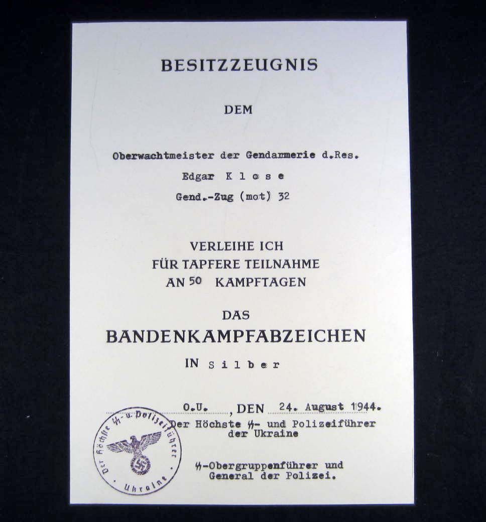 GERMAN NAZI SS DOCUMENT FOR THE ARMY BADGE 50 ENGAGEMENTS IN SILVER