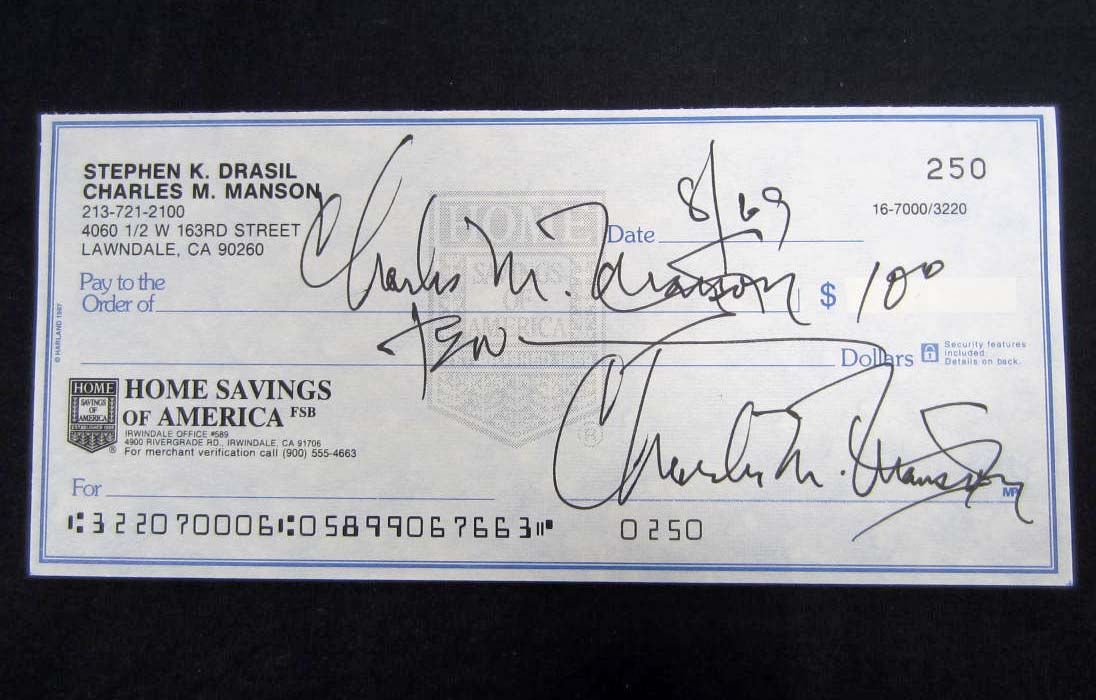 CHARLES MANSON SIGNED CHECK WITH COA FROM TODD MULLER AUTOGRAPHS