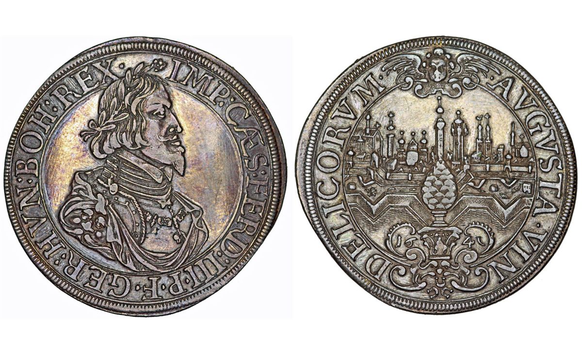GERMANY: Augsburg. Ferdinand III as H. R. E. (1637-1657) AR Thaler 1643. XF