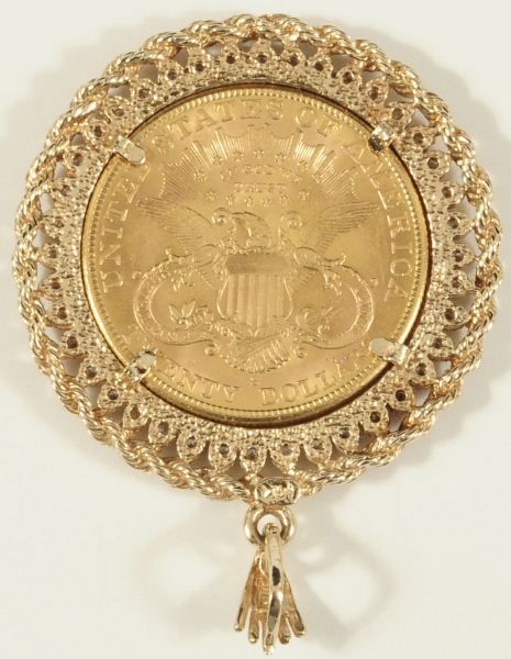 1904 $20 Liberty Head Gold Coin Diamond Pendant 1904 $20 Liberty Head Gold Coin Diamond Pendant