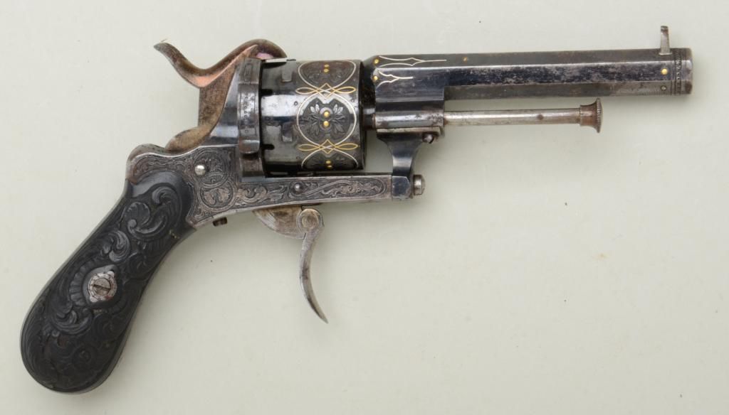 Ornate pinfire revolver 7.65mm blue finish, engraved gold and silver ...