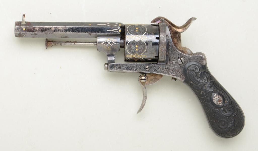Ornate pinfire revolver 7.65mm blue finish, engraved gold and silver ...