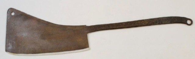 Large antique meat cleaver hand forged iron, 30" long.