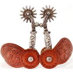 Pair fancy double mounted Mexican spurs heavily engraved with 2 1/2 ...