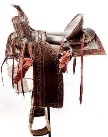 Ron Bliss maker stamped saddle with card suites half seat square skirt ...