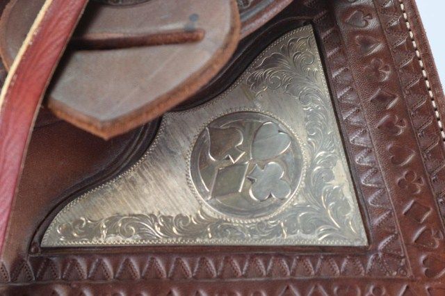 Ron Bliss maker stamped saddle with card suites half seat square skirt ...