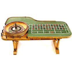 Miniature roulette wheel and table 17 1/2" long base brass tags reads ...