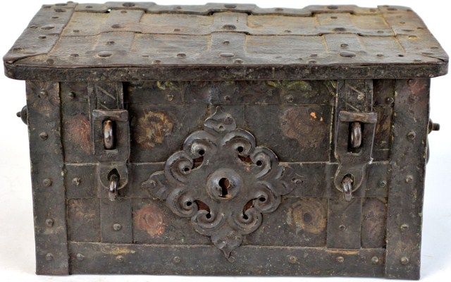 18th Century German iron Armada chest 14 1/2" X 10" X 8" with false ...