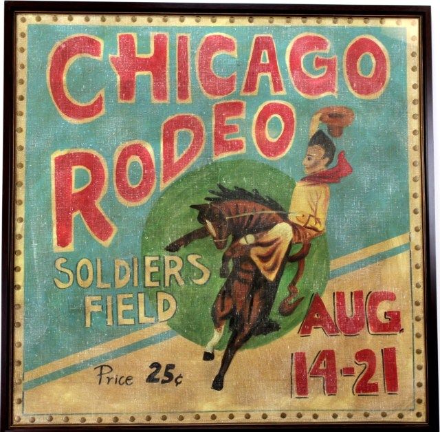 Painted on canvas "Chicago Rodeo" broad sheet featuring a cowboy and ...
