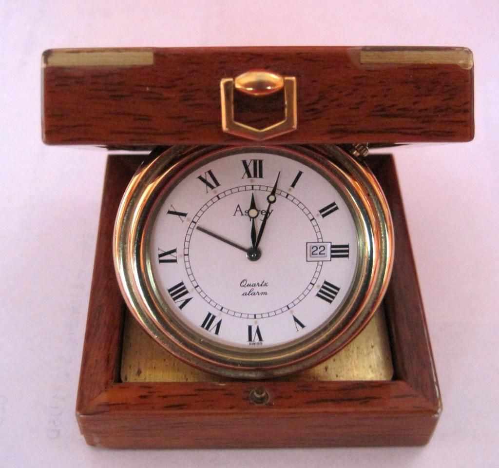 Asprey Swiss Made Travel Clock in Ornate Wood Case